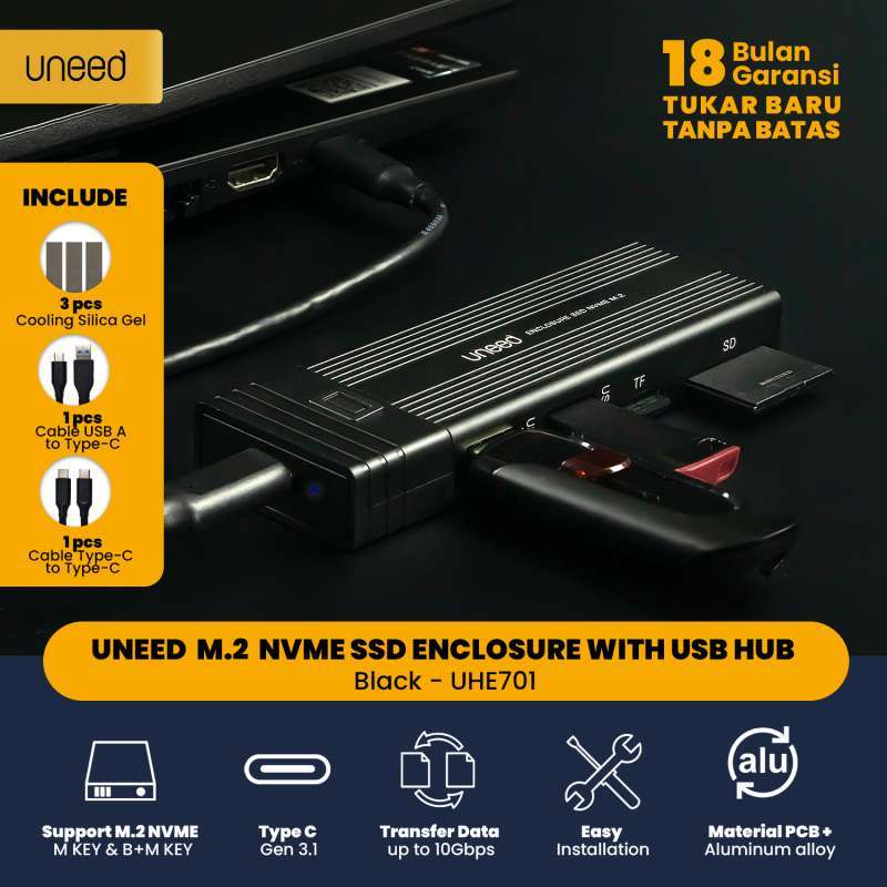 Promo UNEED Enclosure SSD M.2 NVME USB Type C 3.1 Gen2 with USB Hub - UHE701 Diskon 25% di ...