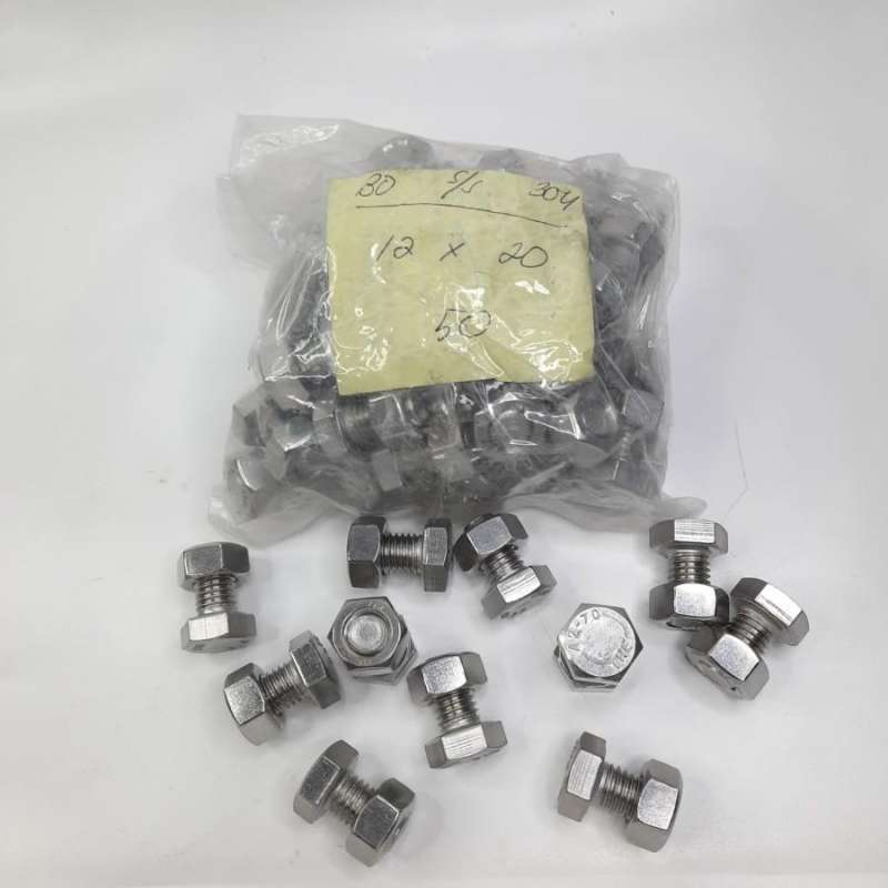 Jual Baut + Mur Hex Bolt + Nut Stainless SS 304 M12 X 20MM (Per Set) di Seller Hanna Teknik ...