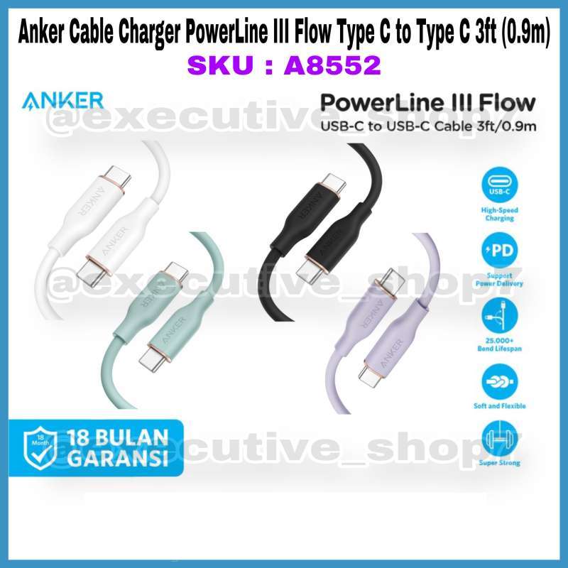 Jual Anker Cable Charger PowerLine III Flow Type C to Type C 3ft (0.9m ...