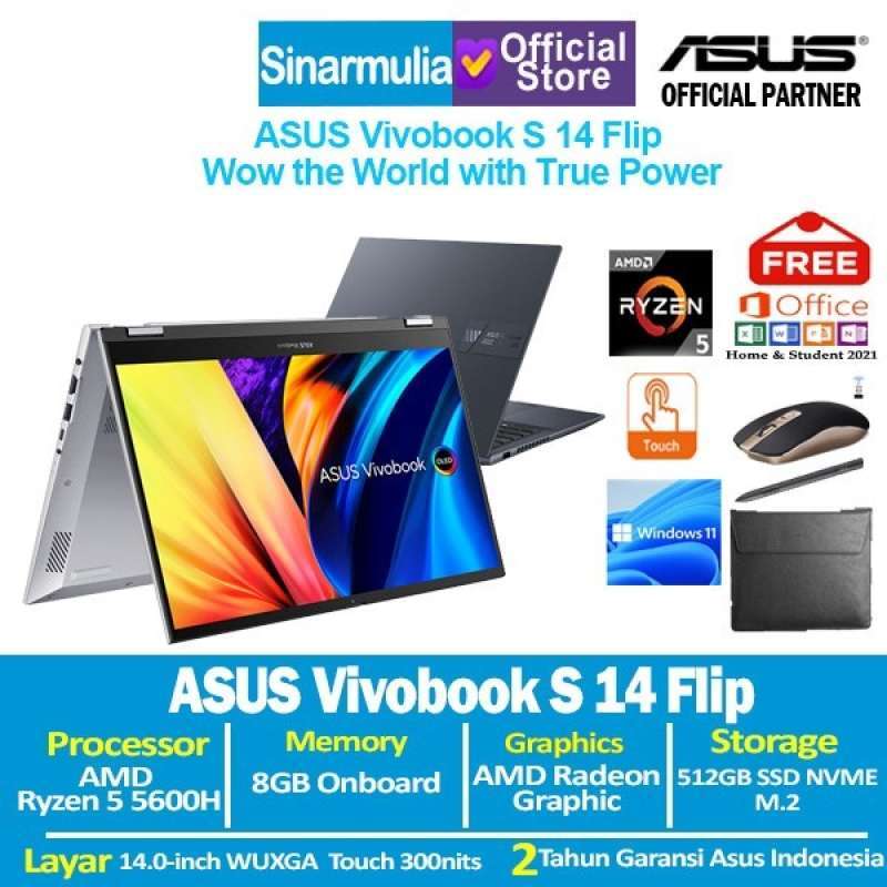 Jual ASUS Vivobook S 14 Flip TN3402QA R5-5600H 512GB SSD 8GB Win11+OHS ...