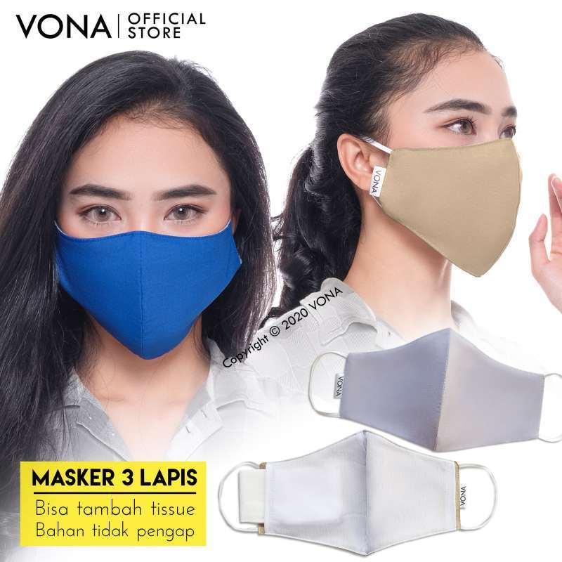 Jual VONA Masker Kain 3 lapis Polos Earloop 3 ply Karet Bisa Dicuci Non ...