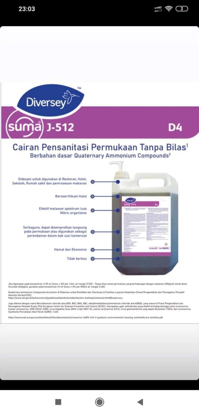 Jual Diversey Suma J-512 D4 Desinfectant 5L di Seller Emerald Store ...