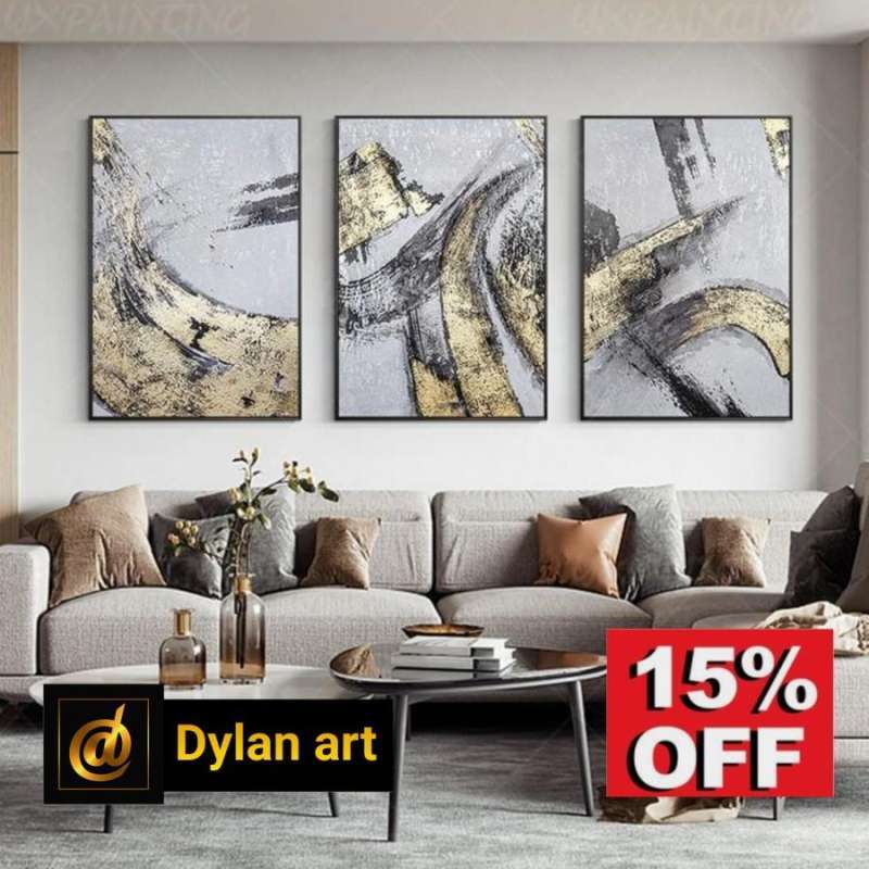 Jual lukisan abstrak modern 3 panel hiasan dinding dekorasi gold black ...