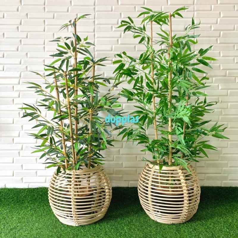 Promo Pohon Daun Bambu Latex Pot Dasar Plastik Cover Pot Rotan Kupas ...