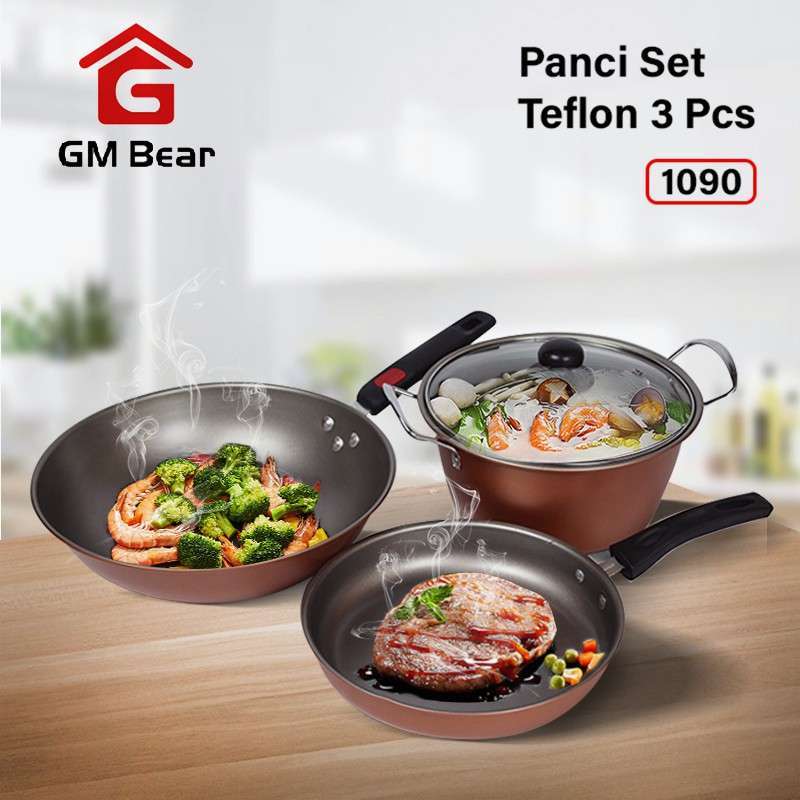 Jual GM Bear Panci Set Wajan Penggorengan Teflon Set isi 3 Pcs 1090-Arria Set Panci Teflon di ...