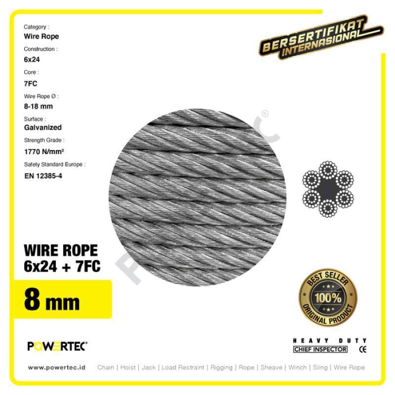 Jual Wire Rope - Kawat Seling Baja 6x24 7fc 8mm Galv Powertec - 1 Meter Di Seller Powertec ...