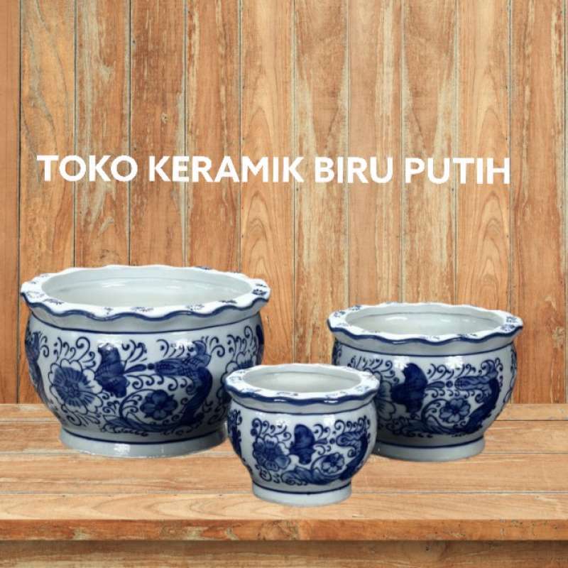 Promo Pot Tanam Keramik Biru Putih Set 3 model bulat bunga/ Pot Keramik ...