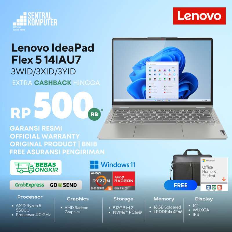 Jual Lenovo Flex 5 14ALC7 3XID/3YID - Ryzen 5 5500U-16GB-512GB-Win 11 & OHS - Cloud Grey di ...