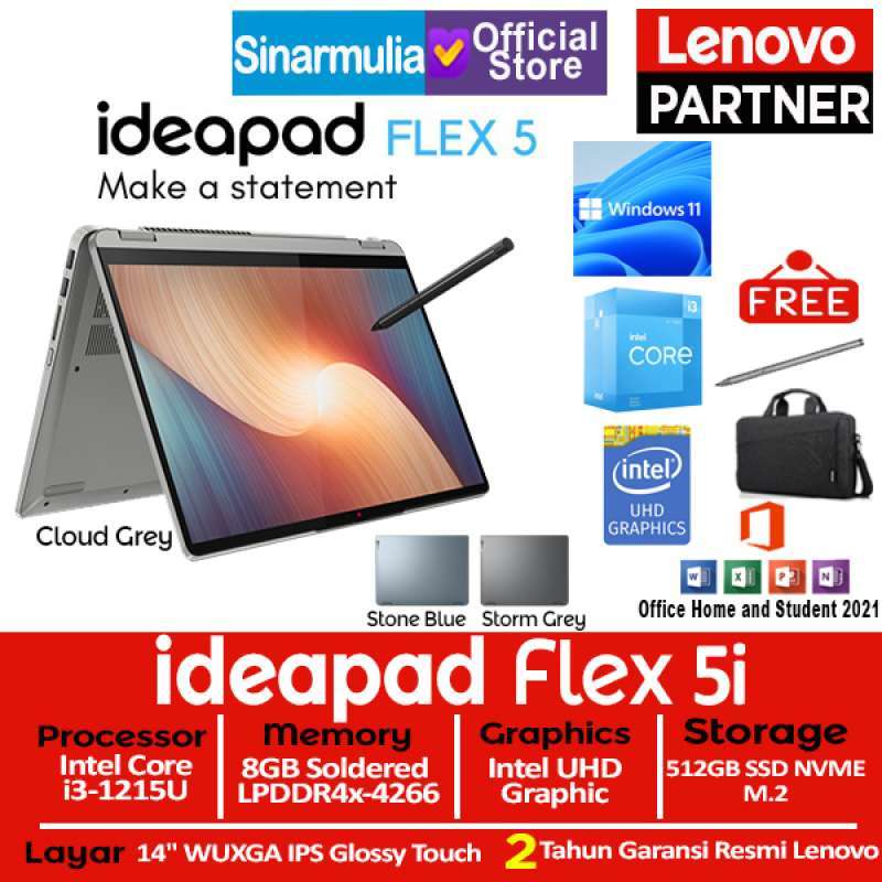 Jual Laptop Lenovo Ideapad Flex 5i i3-1215U 512GB SSD 8GB Win11+OHS ...