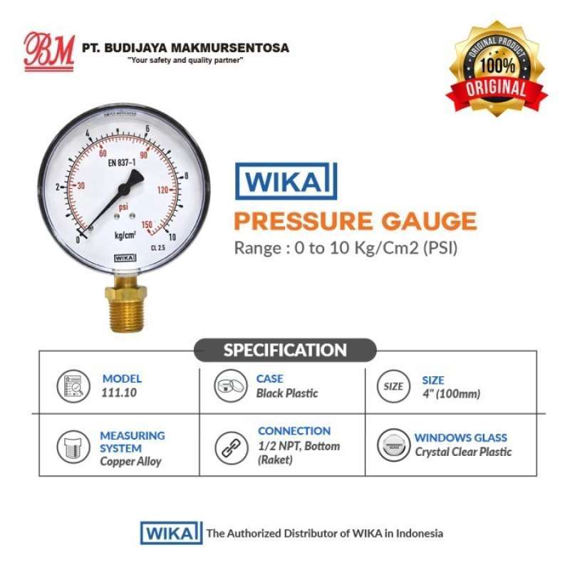 Promo Pressure Gauge Wika 111.10, 1/2Npt, Size 4 - 0 To 10 Kg/Cm2-Psi Diskon 10% di Seller Jamil ...