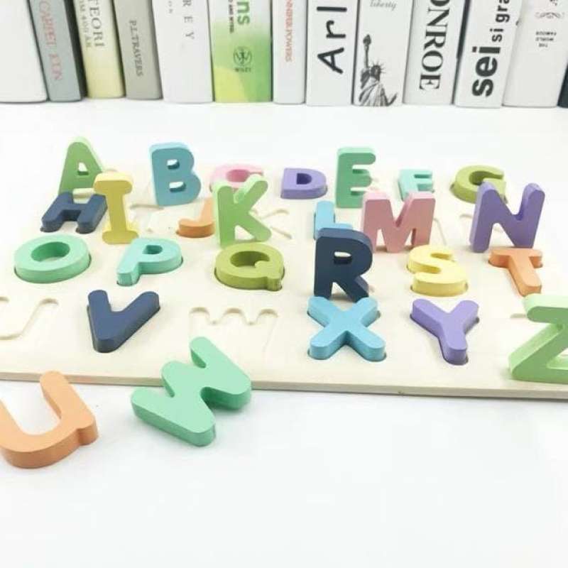 Jual Papan huruf angka - wooden alphabet puzzle board - mainan edukasi ...
