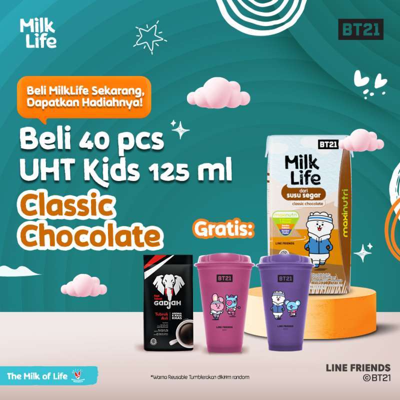 Promo MilkLife Classic Cokelat – UHT Kids [125 mL/40 pcs] + Free Reusable Tumbler BT21 dan Kopi ...