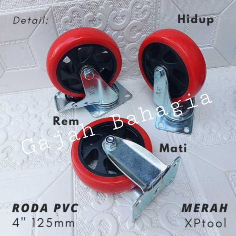 Jual Roda PVC 4 inch 100 mm merah Hidup Mati Rem Roda kastor troli ...