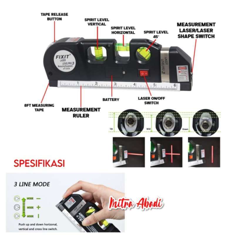 Promo Waterpass Laser Level Pro 3 dengan Alat Ukur 250 cm Multi-Purpose ...