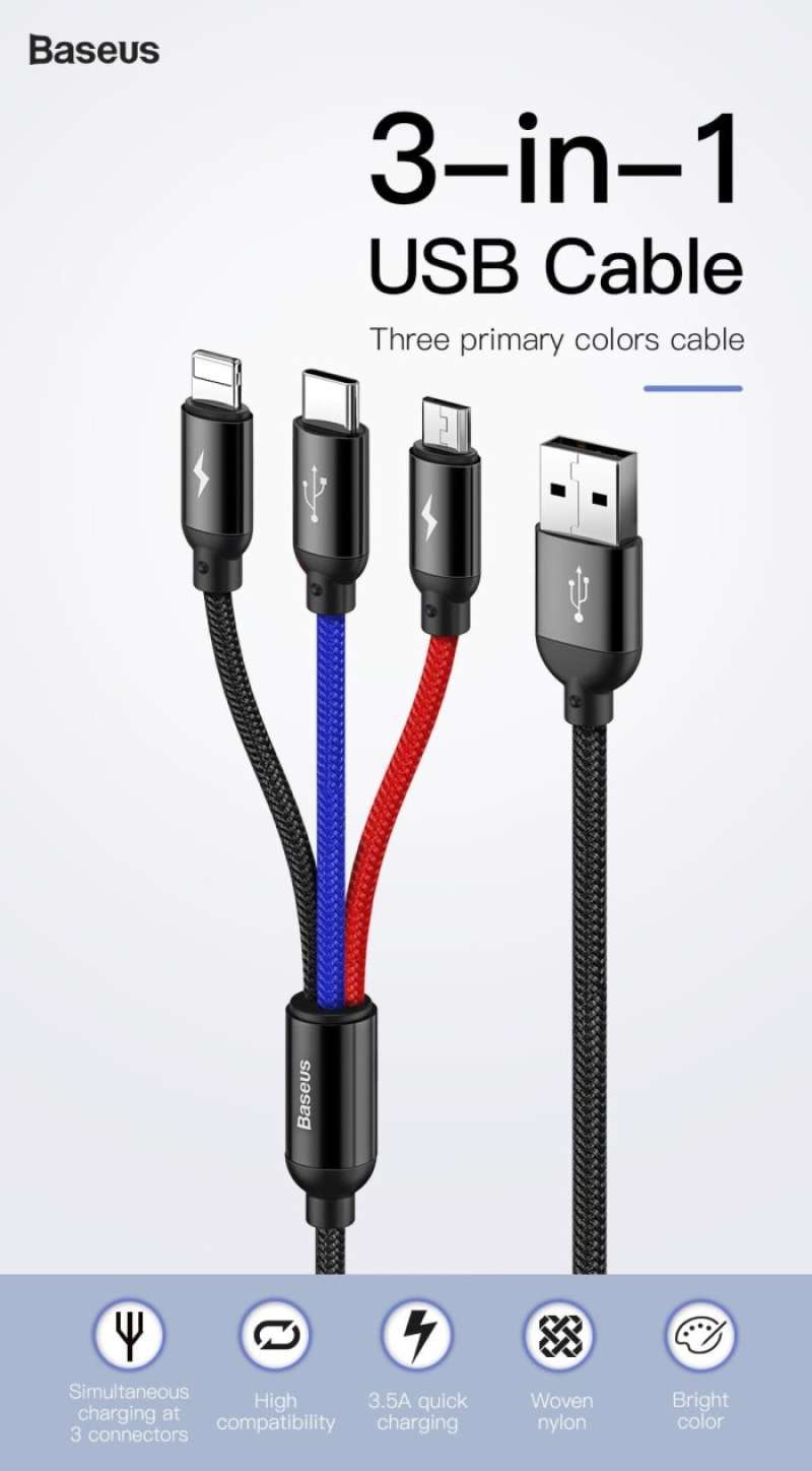Jual Baseus Three Primary Colors 3 In 1 Cable 3.5a Di Seller Calestraa ...