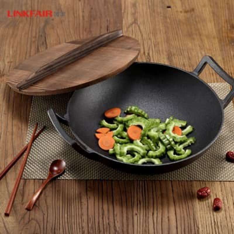 Jual Cast Iron Chinese Wok Stir Fry Pan 14 Silicone Handle Wajan Wok ...
