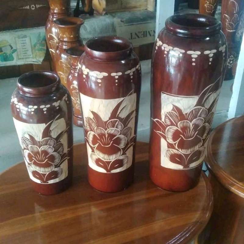Jual fas pot bunga gentong atas meja 1 set ada 3 barang dari kayu jati ...