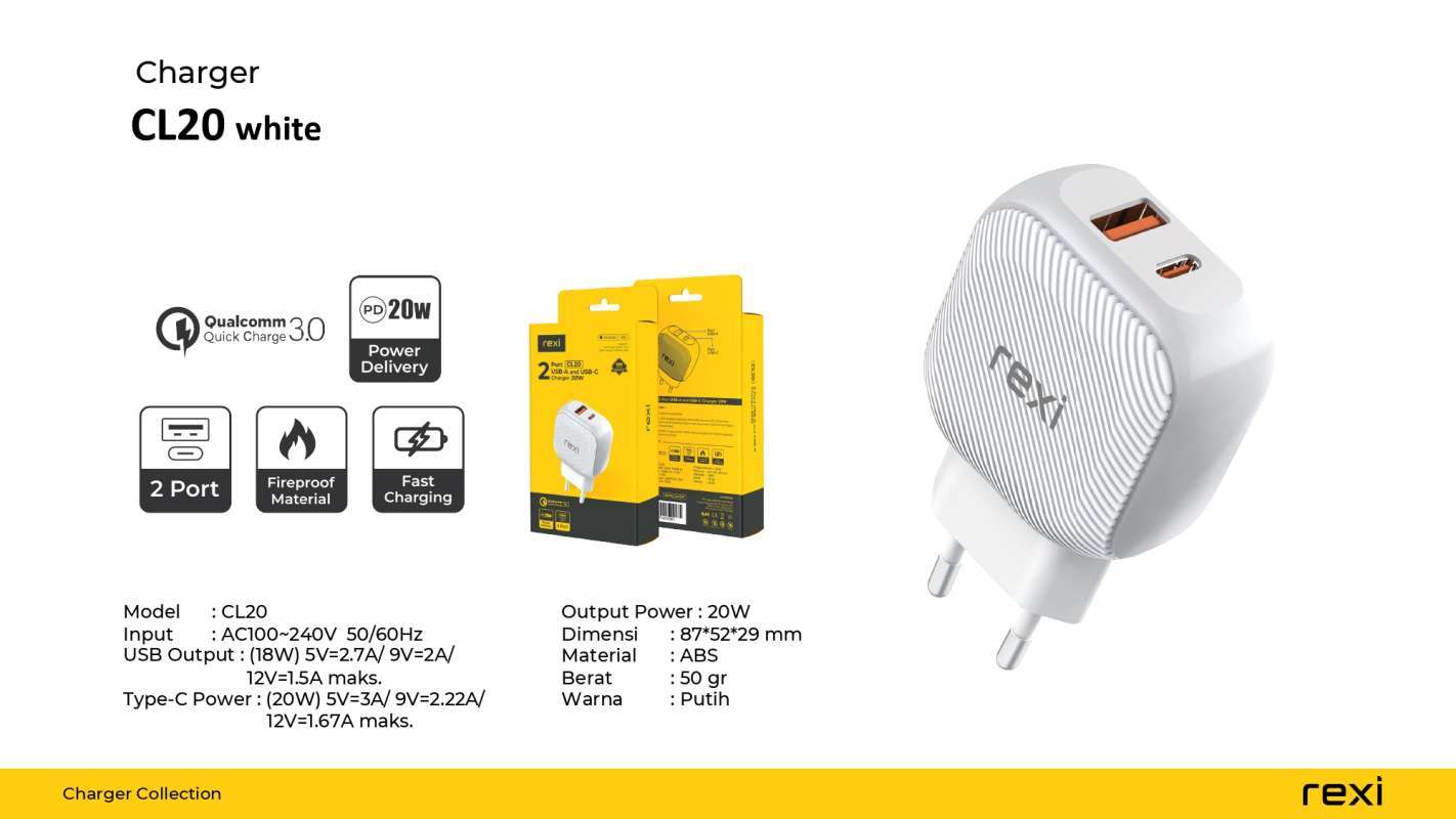 Jual Rexi Charger 20w Dual Port Usb-a And Usb-c Fast Charging White Cl20 Di Seller Rexione ...