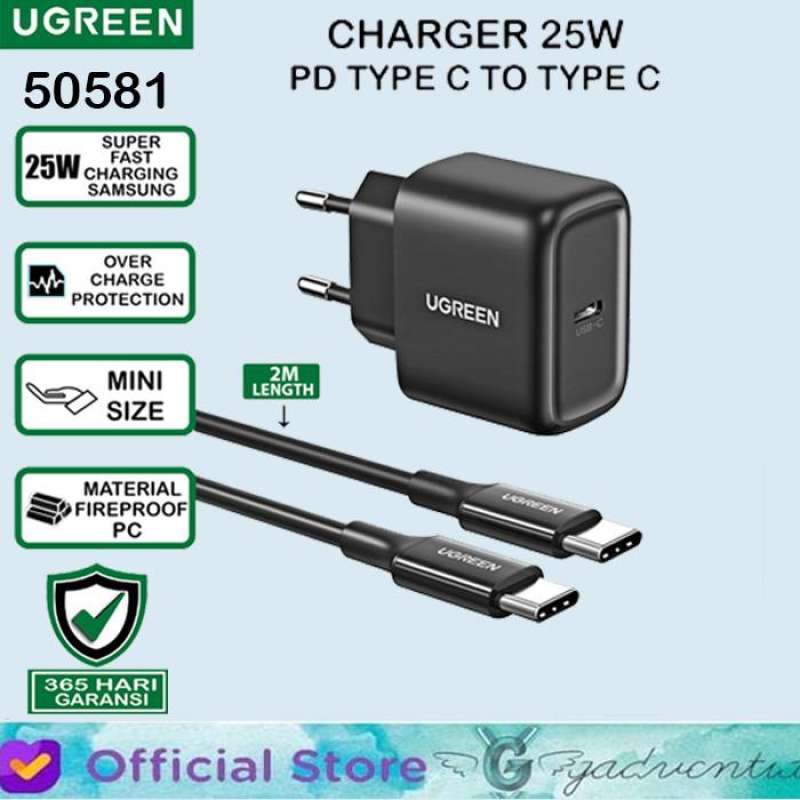 Jual Ugreen 50581 Adaptor Set Charger Usb Type C 25w + Kabel C To C Fast Pd - Adaptor + Cable Di ...