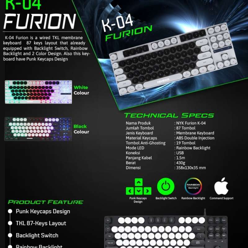 Jual Nyk Furion K04 / K 04 Wired Membrane Keyboard Gaming With Punk Keycaps Original Di Seller ...