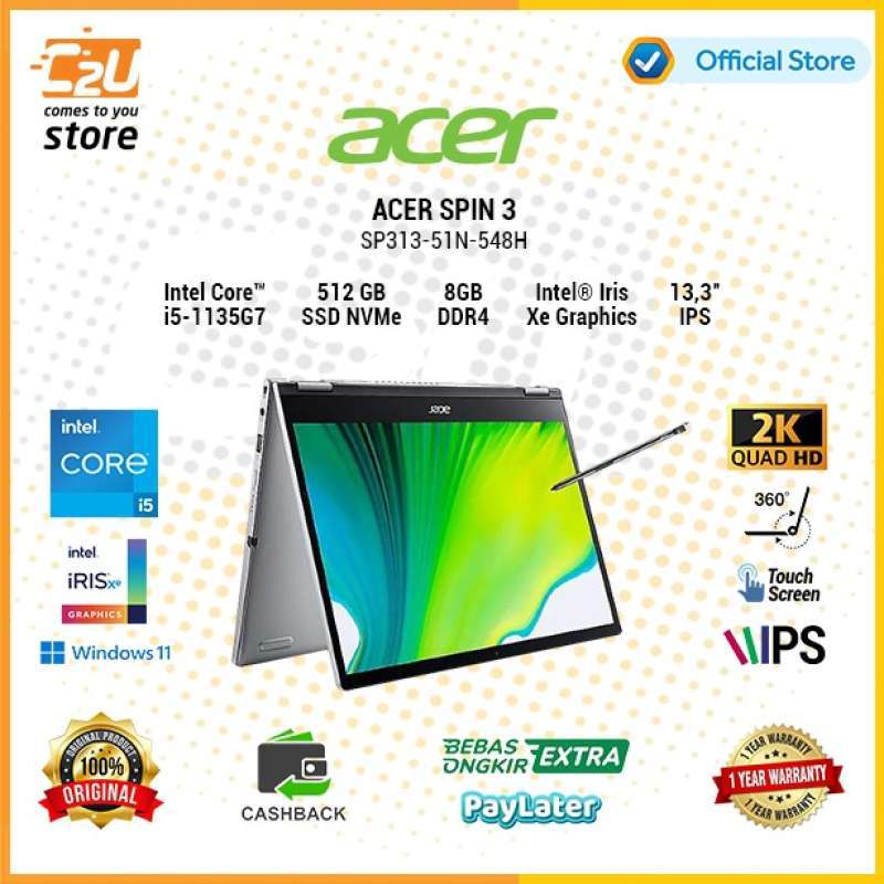 Jual Laptop / Notebook Acer Spin 3 Sp313-51n-548h [ci5-1135g7/13.3ips/8gb/512gb/win11/ohs ...