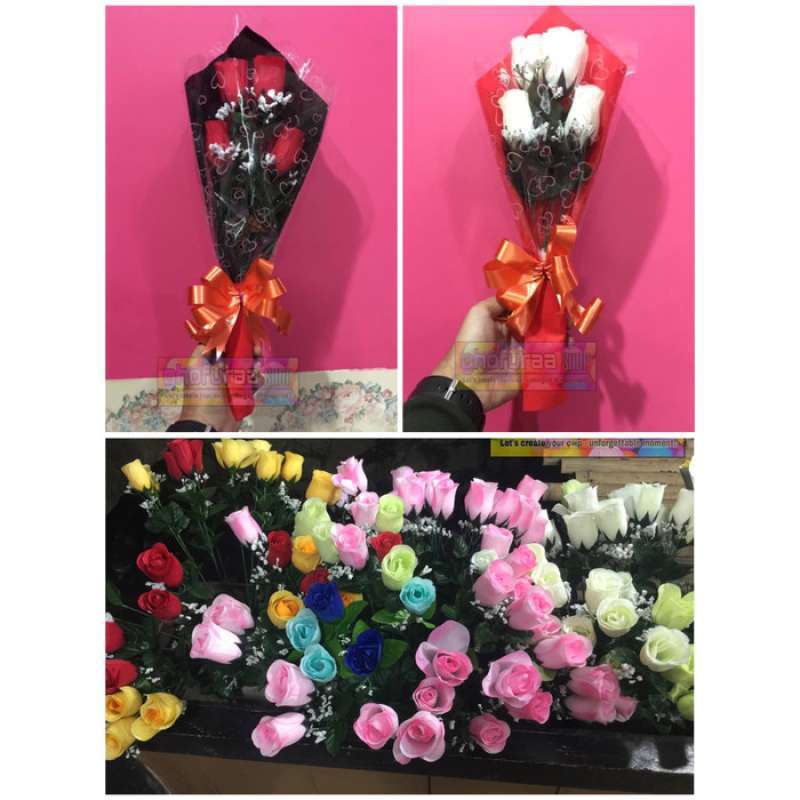 Jual PAKET BUKET BUNGA MAWAR MERAH PUTIH KUNING PINK REPLIKA PLASTIK by ...
