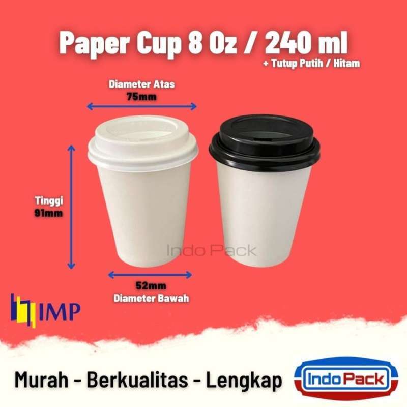 Jual Paper Cup 8 Oz / 240ml + Tutup @50 Pcs / Gelas Kertas Kopi Panas di Seller Indo Pack ...