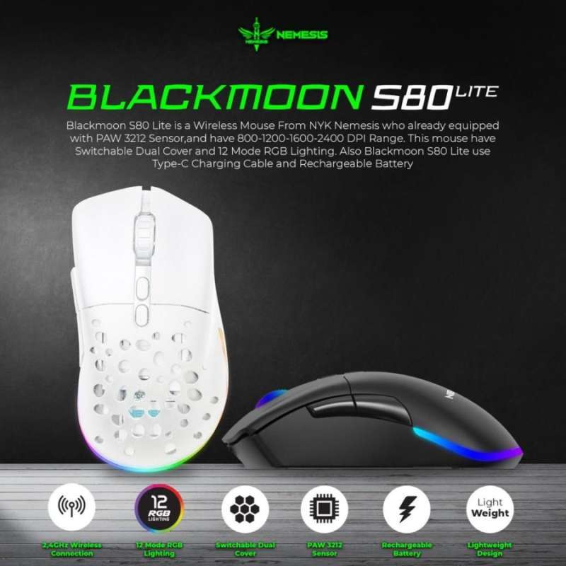 Jual NYK Nemesis S80 LITE BLACKMOON Mouse Wireless dual cover PC laptop ...