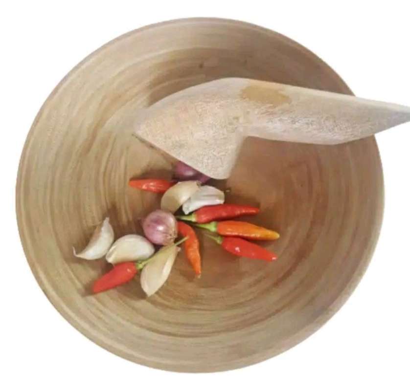 Jual Piring cobek kayu dengan ulekan / Piring kayu SET dgn ulekan kayu ...