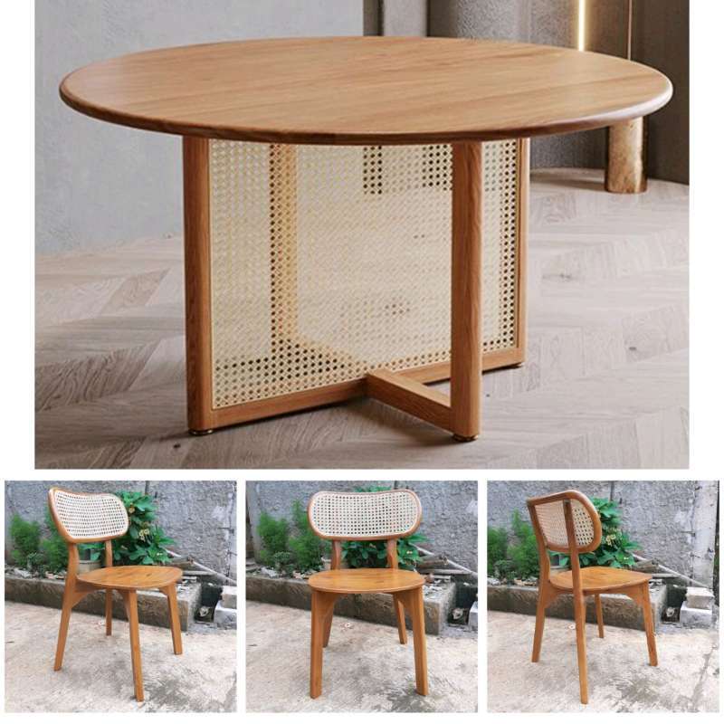 Promo Meja Makan Bundar Kayu Jati Kombinasi Rotan Set 4 Kursi / Dining Sets Diskon 20% Di Seller ...