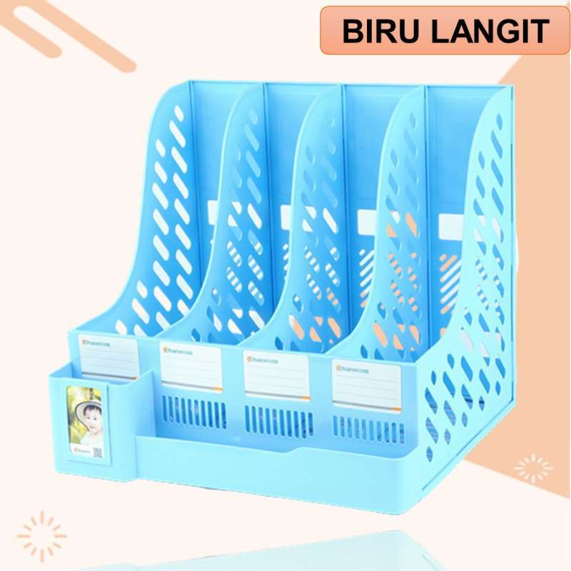 Jual Rak Buku Kotak Penyimpanan Box File Dokumen ATK Keranjang Plastik 4 Sekat - Biru Langit di ...