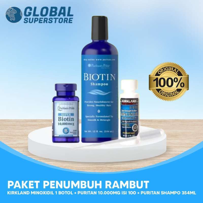Jual Paket Kirkland Minoxidil + Biotin 10.000 Mcg isi 100 + Puritan ...