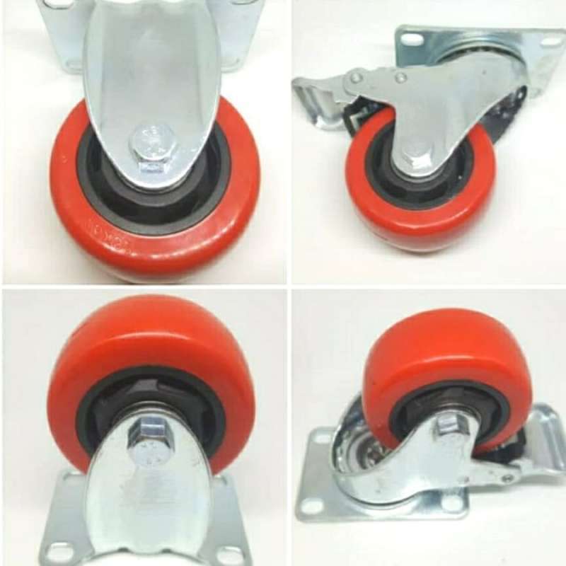 Promo roda PU merah taiwan 3 rem mati/roda pu merah double bearing 3 RM ...