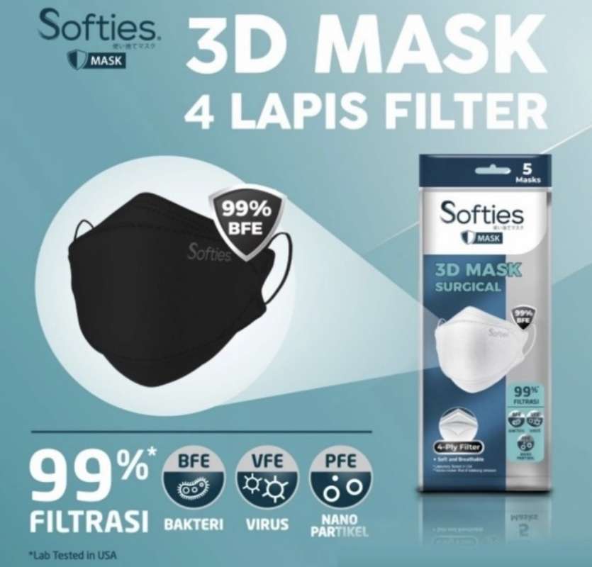 Jual SOFTIES 3D MASK SURGICAL 4 PLY 5 SHEET/KF94 [HITAM] di Seller ...