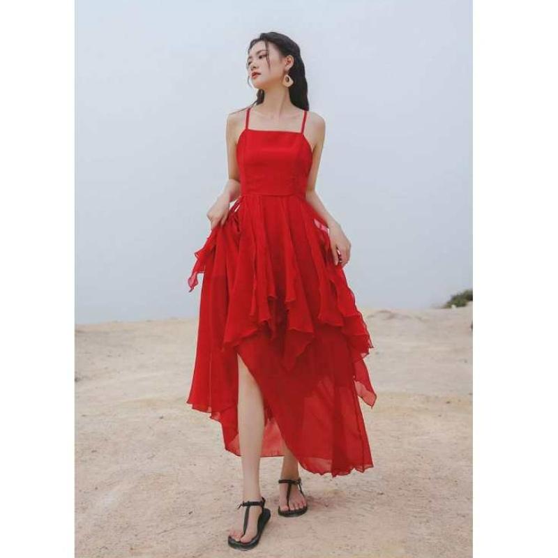 Jual Fashion Korea Gaun Merah Pantai Gaun Panjang Retro Romantis ...