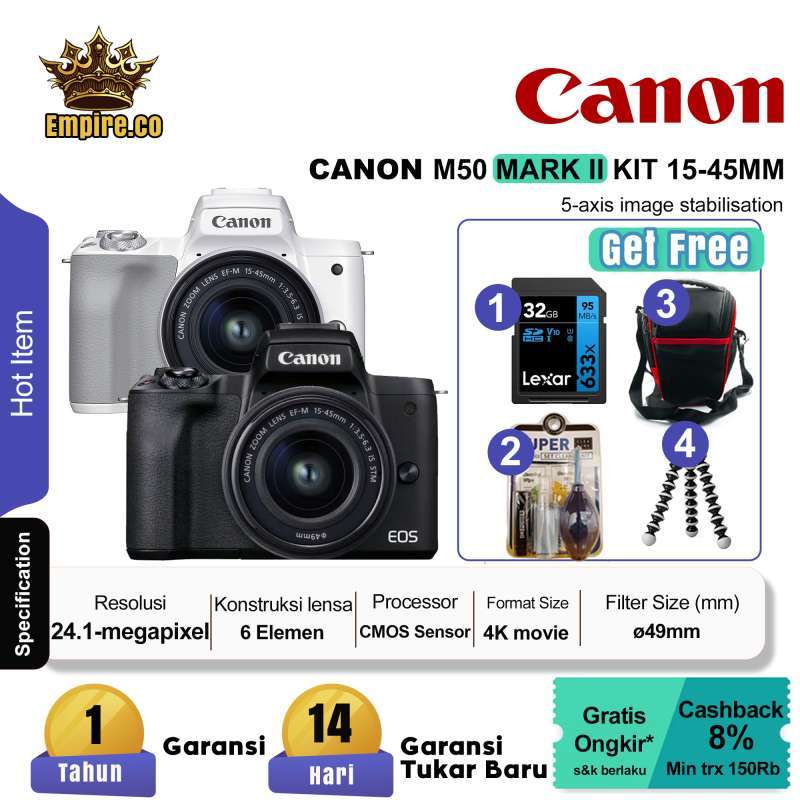 Promo Canon EOS M50 Mark II Kit 15-45mm Mirrorless Digital Camera - PAKET 32GB Diskon 4% di ...
