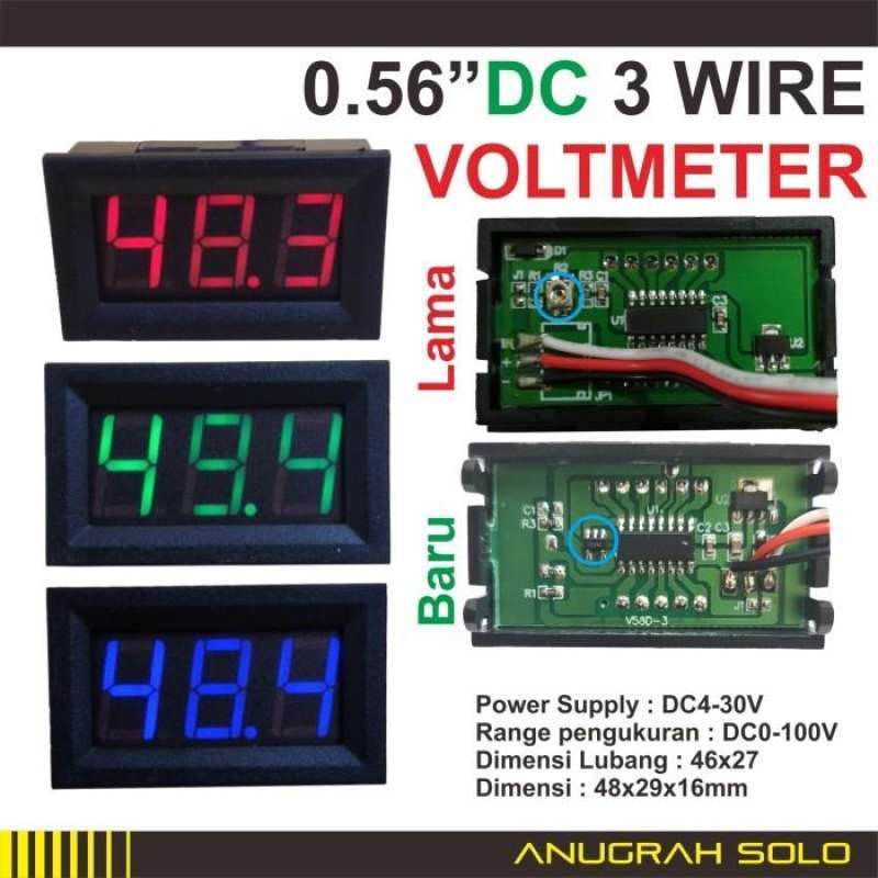Jual DC Digital Voltmeter 3 Kabel 0-100V 0.56 inch MERAH di Seller Anugrah Solo - Sukoharjo, Kab ...