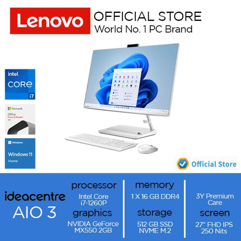 Jual Lenovo IdeaCentre AIO 3 27IAP7 Core i7-1260P 16GB 512GB MX550 W11+OHS - White di Seller ...