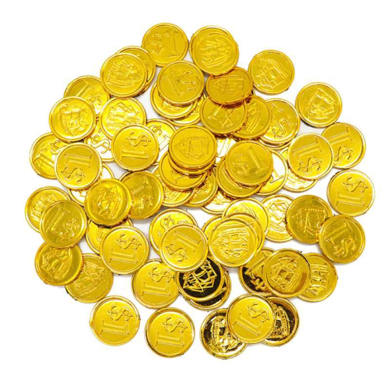Promo 100 Pcs Plastic Gold Coins $1 Pirate Treasure Chest Play Money ...