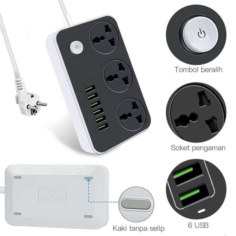 Jual Ecle Power Strip Portable Stop Kontak 3 Power Socket 6 Smart Usb Port Di Seller Nafizd ...