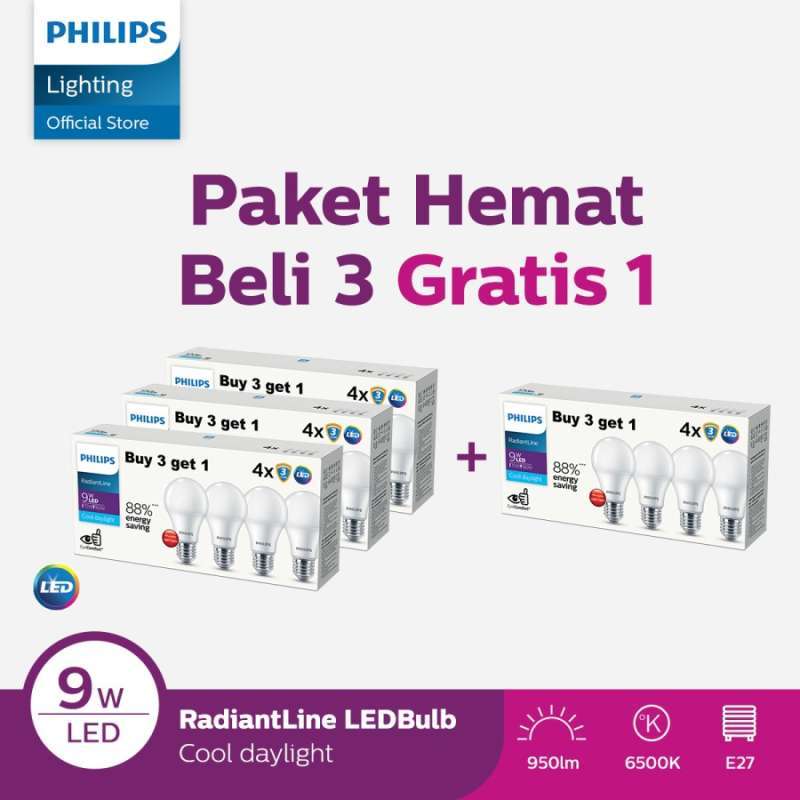 Promo Philips Beli 3 Gratis 1 RadiantLine Multipack LEDBulb 9W 6500K ...