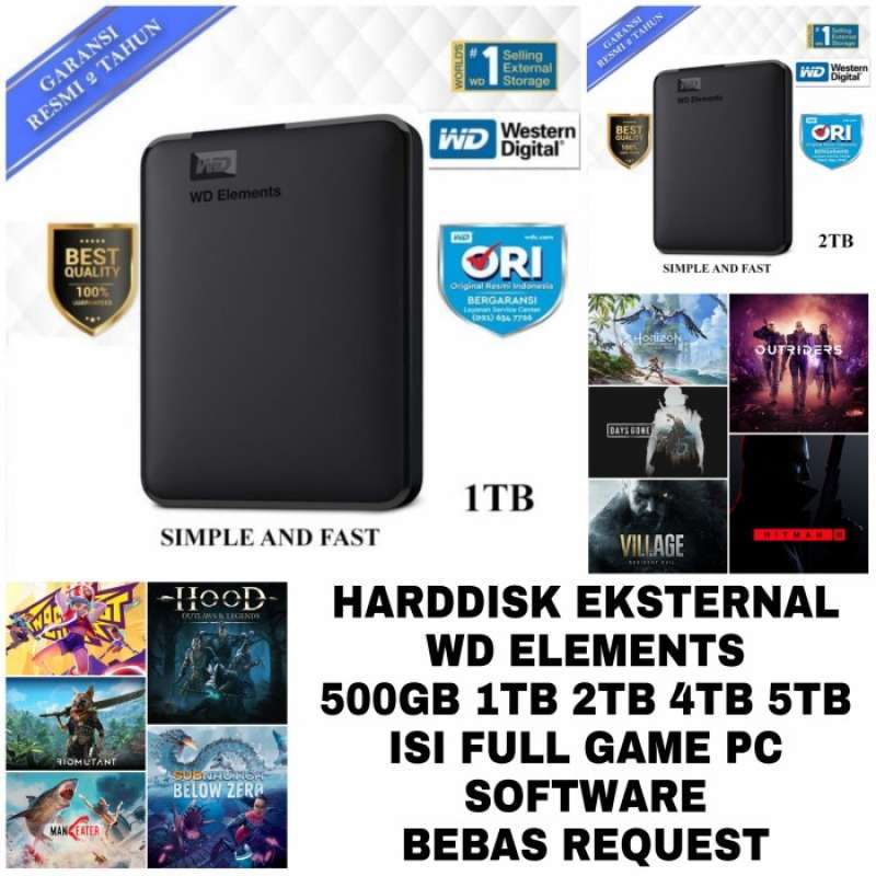 Promo Hardisk Eksternal WD Elements USB 3.0 1TB 500GB ISI FULL GAME PC ...