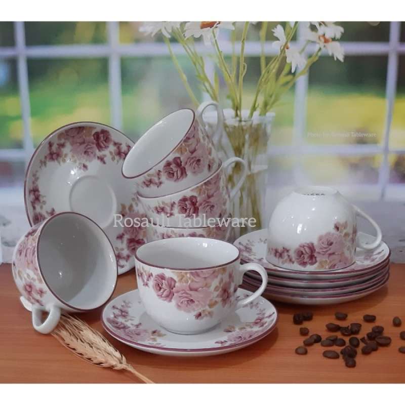 Promo Cangkir Set Keramik | Premium | Motif Pink Rossie - (Isi: 6 ...