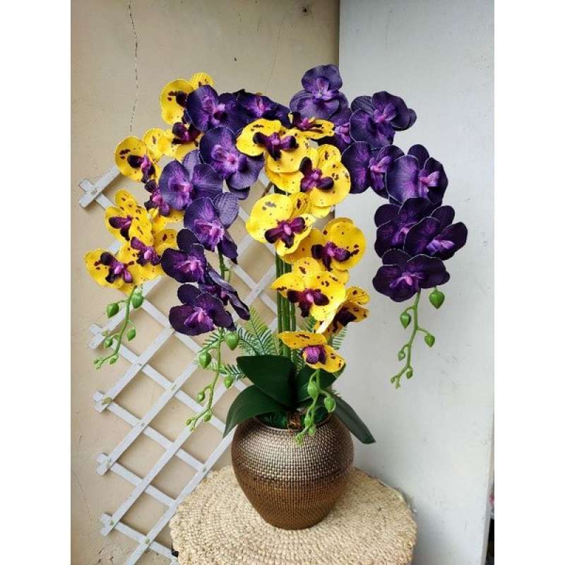 Promo VAS bunga anggrek latex 4 tangkai vas gold plastik rangkaian ...