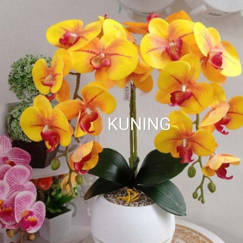 Promo Rangkaian anggrek latex import 4 tangkai vas bulat bunga hiasan ...