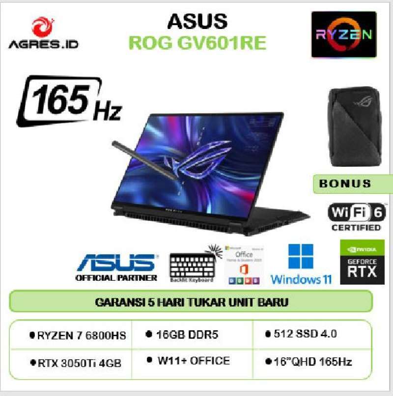 Jual Laptop ASUS ROG FLOW X16 GV601RE Ryzen 7 6800H RTX 3050Ti 16 QHD ...
