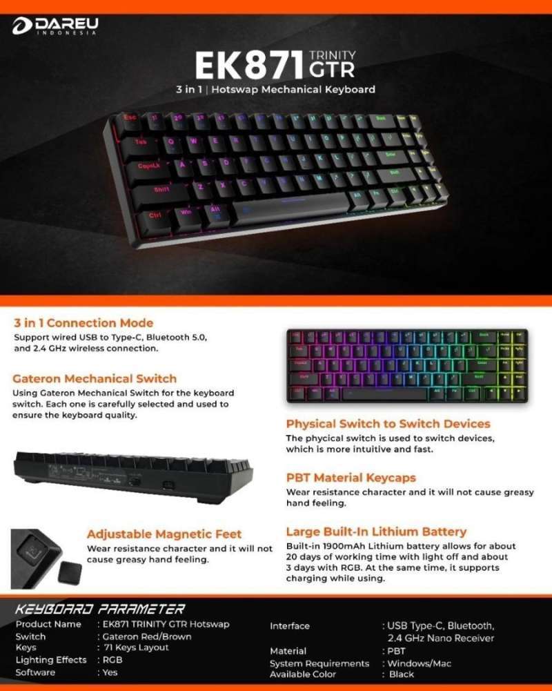 Jual Dareu Ek871 Trinity Gtr Hotswap Wireless Mechanical - Gaming ...