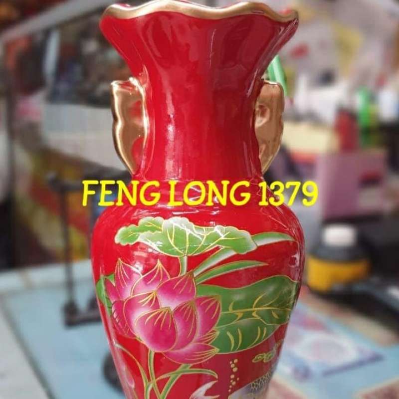 Jual Vas Bunga Dekorasi Altar Puja Sembahyang Keramik Merah Teratai Koi ...