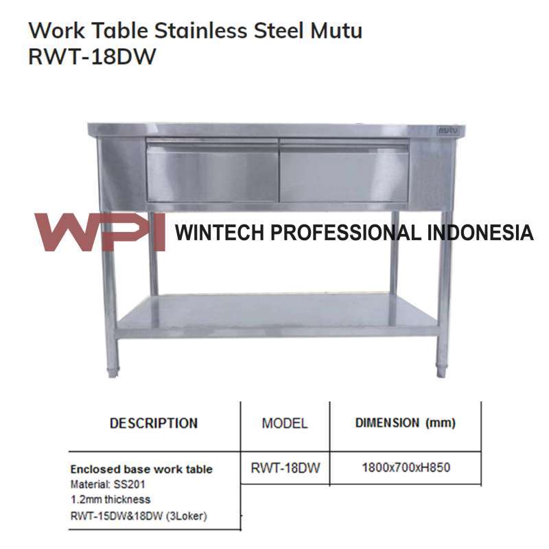 Jual RWT-18DW Work Table Meja Stainless Steel Dapur Restoran dan Cafe di Seller Wintech ...