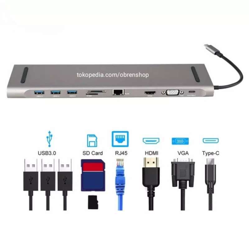 Jual USB TYPE C STATION 10 IN 1 USB HUB, CARD READER, LAN, HDMI, VGA ...